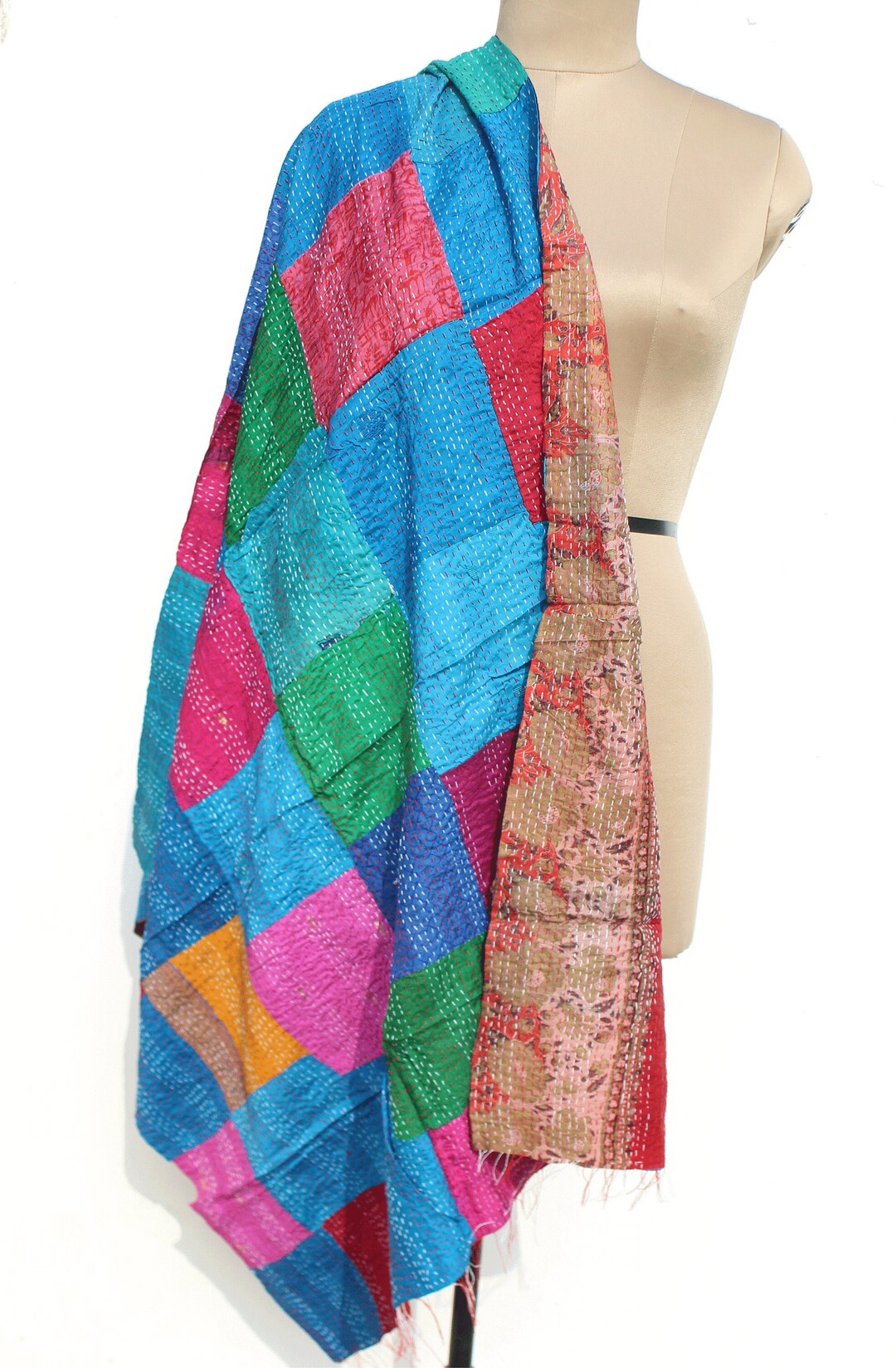 Kantha Silk Scarf, Reversible Silk Scarf, Patchwork Silk Scarf, Handmade Scarf, Kantha Stitch ...