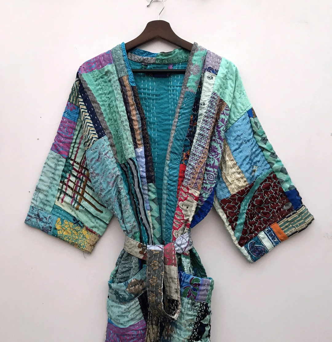 Silk Kantha Quilt Robe, Hand Stitched, Made From Vintage Silk Kantha ...