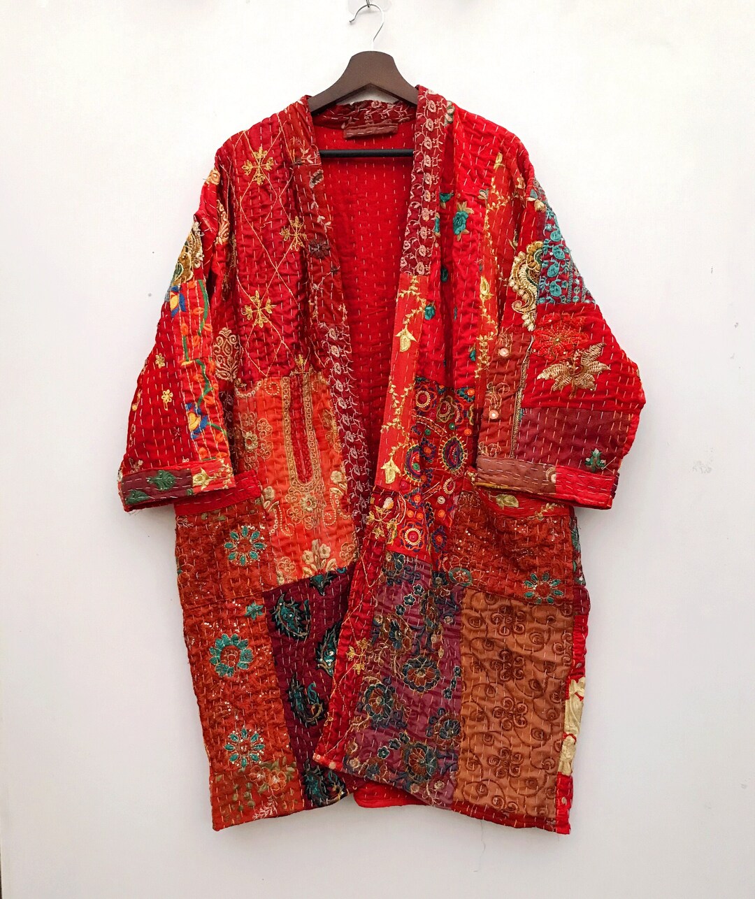 Kantha Kimono Robe, Jacket Coat, 100% Cotton Patchwork Embroidery ...