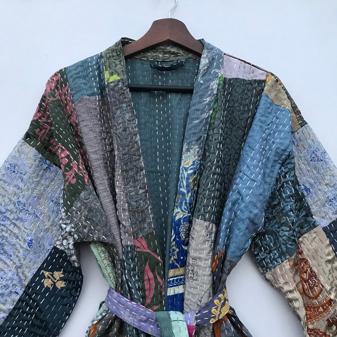 Silk Kantha Quilt Robe, Hand Stitched, Made From Vintage Silk Kantha ...