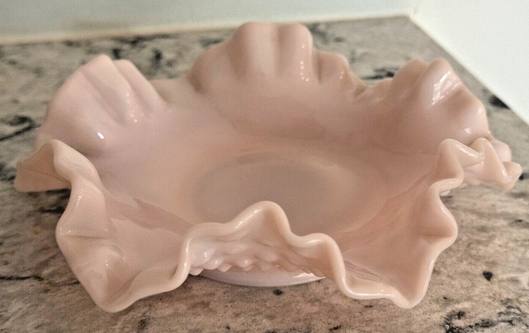 Vintage Fenton Pink Rose Pastel Milk Glass Hobnail Ruffled Candy/bon ...