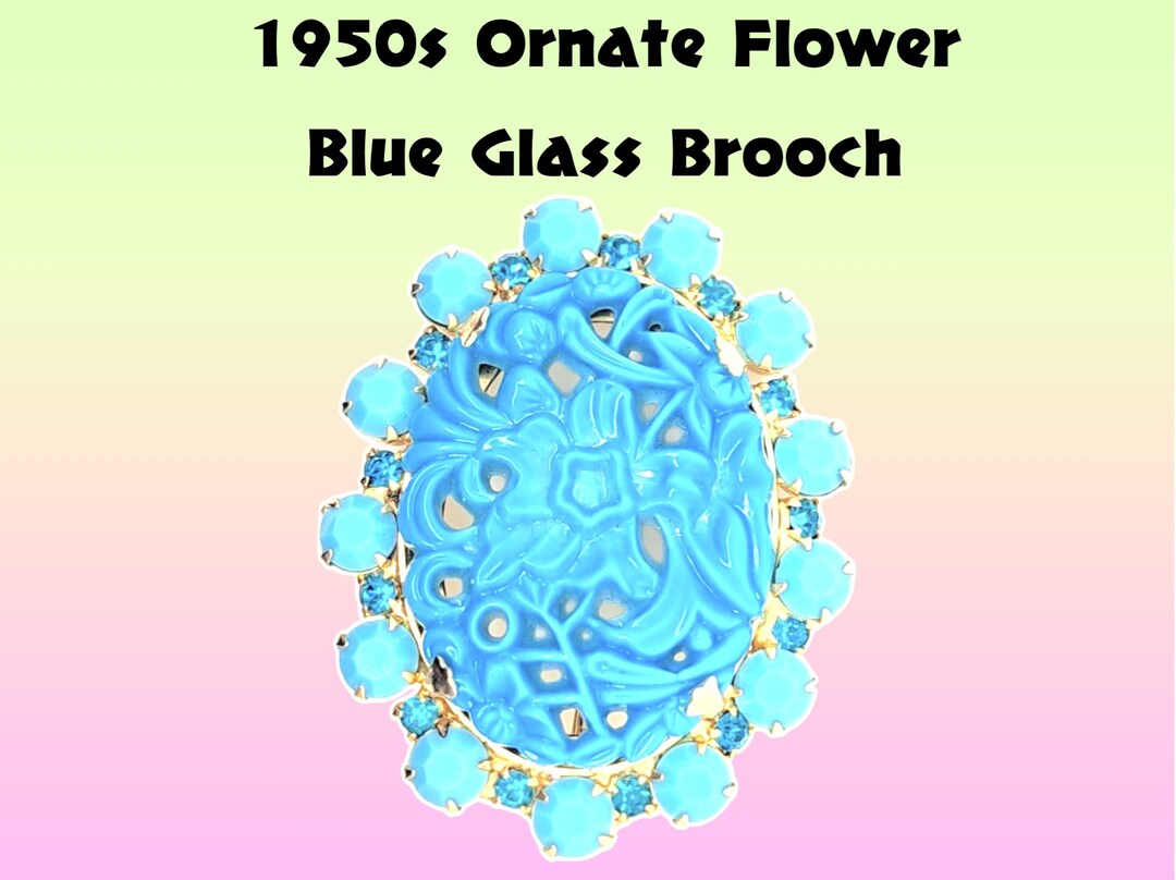 1950s Ornate Flower Blue Glass Brooch - Etsy