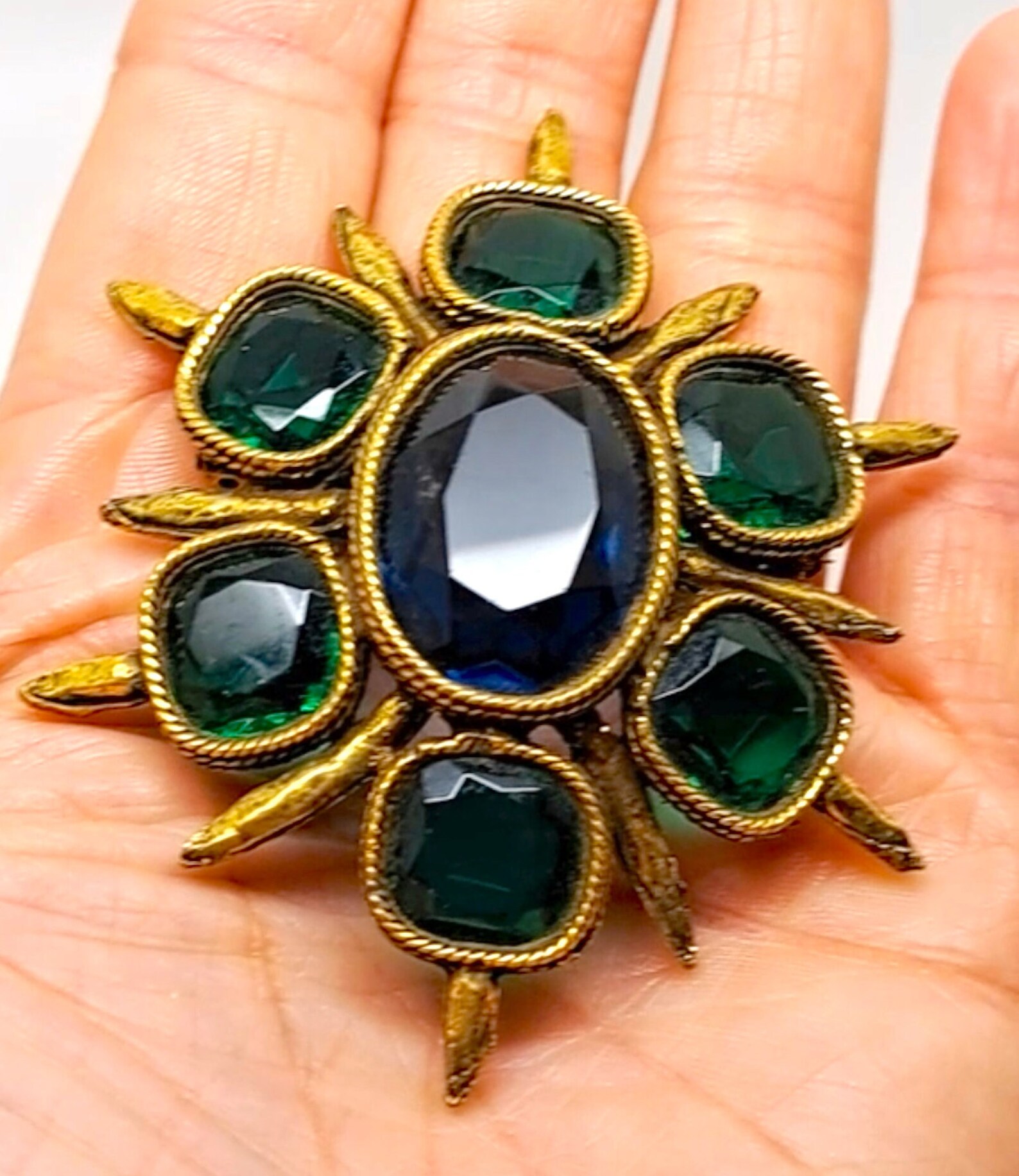 Vintage 1980s Green and Blue Glass Crystal Spiky Brooch - Etsy