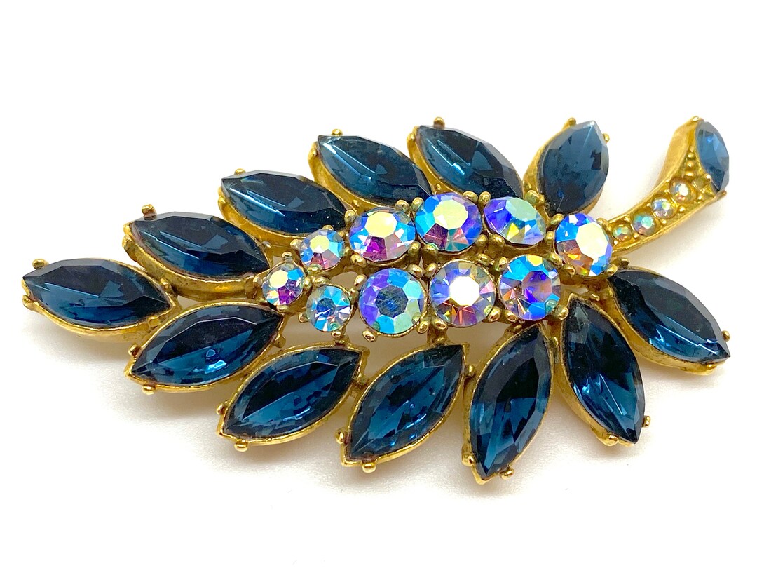 1980s Sphinx Designer Blue Glass and Aurora Borealis Crystal Leaf ...