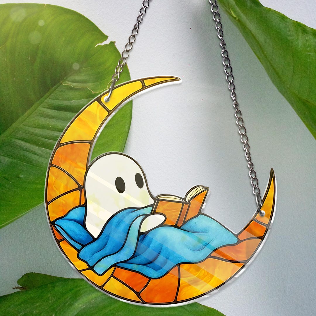 Cozy Ghost on Crescent Moon ACRYLIC Window Hanging Decor Cute Faux ...
