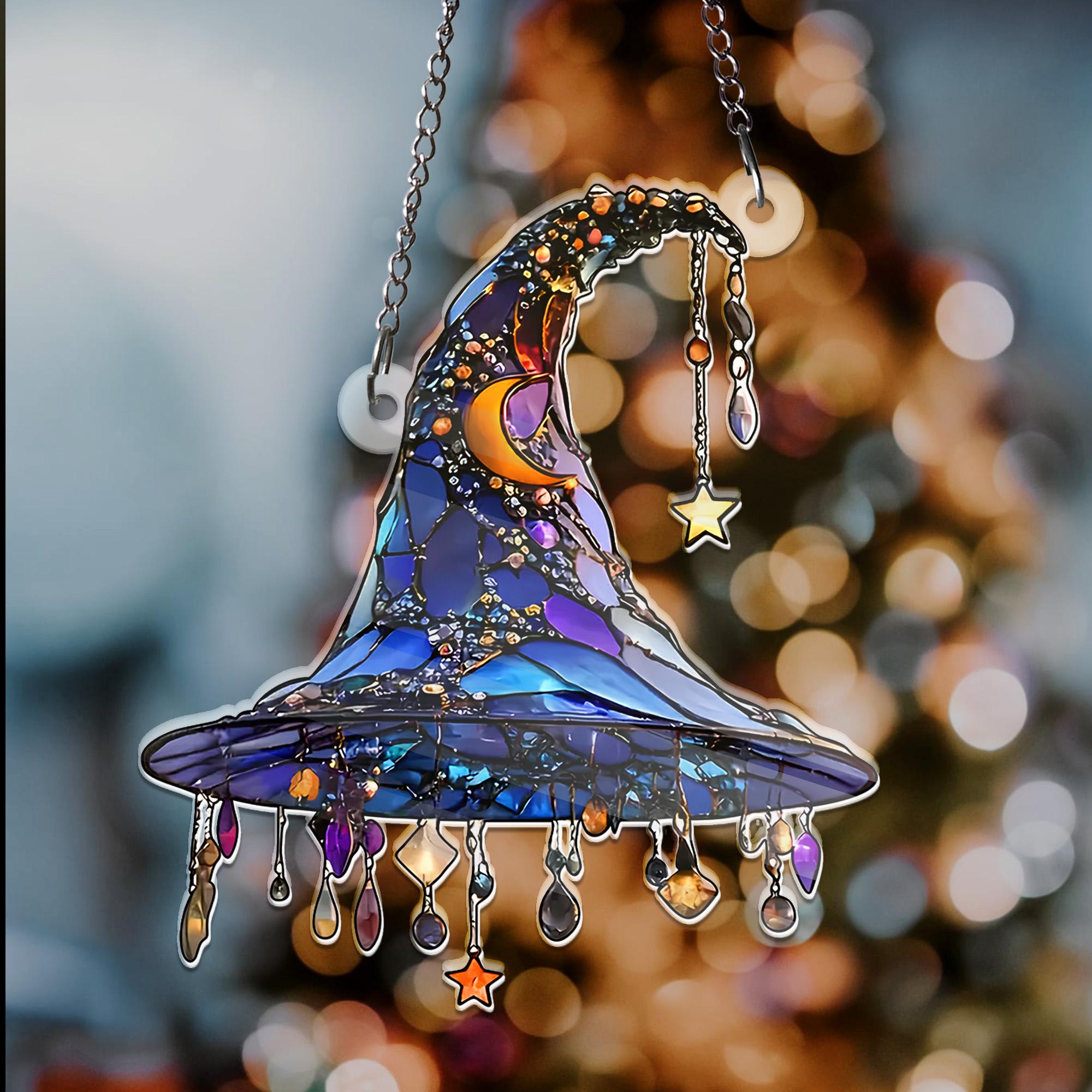 Witch Hat Acrylic Window Hanging Decor Hanging With Moon & Star Charms ...