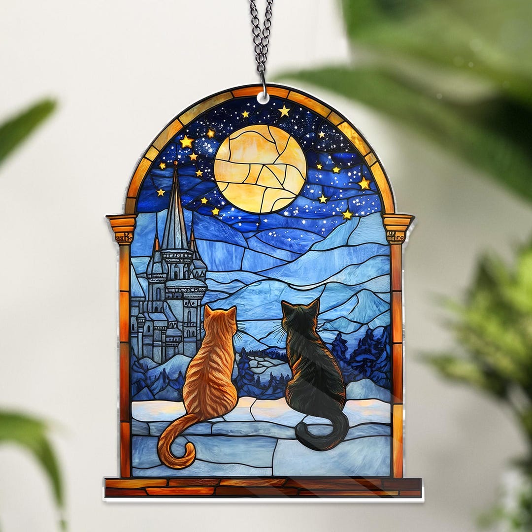 Couple Cat ACRYLIC Window Hanging, Cute Couple in Night Cat Suncatcher ...