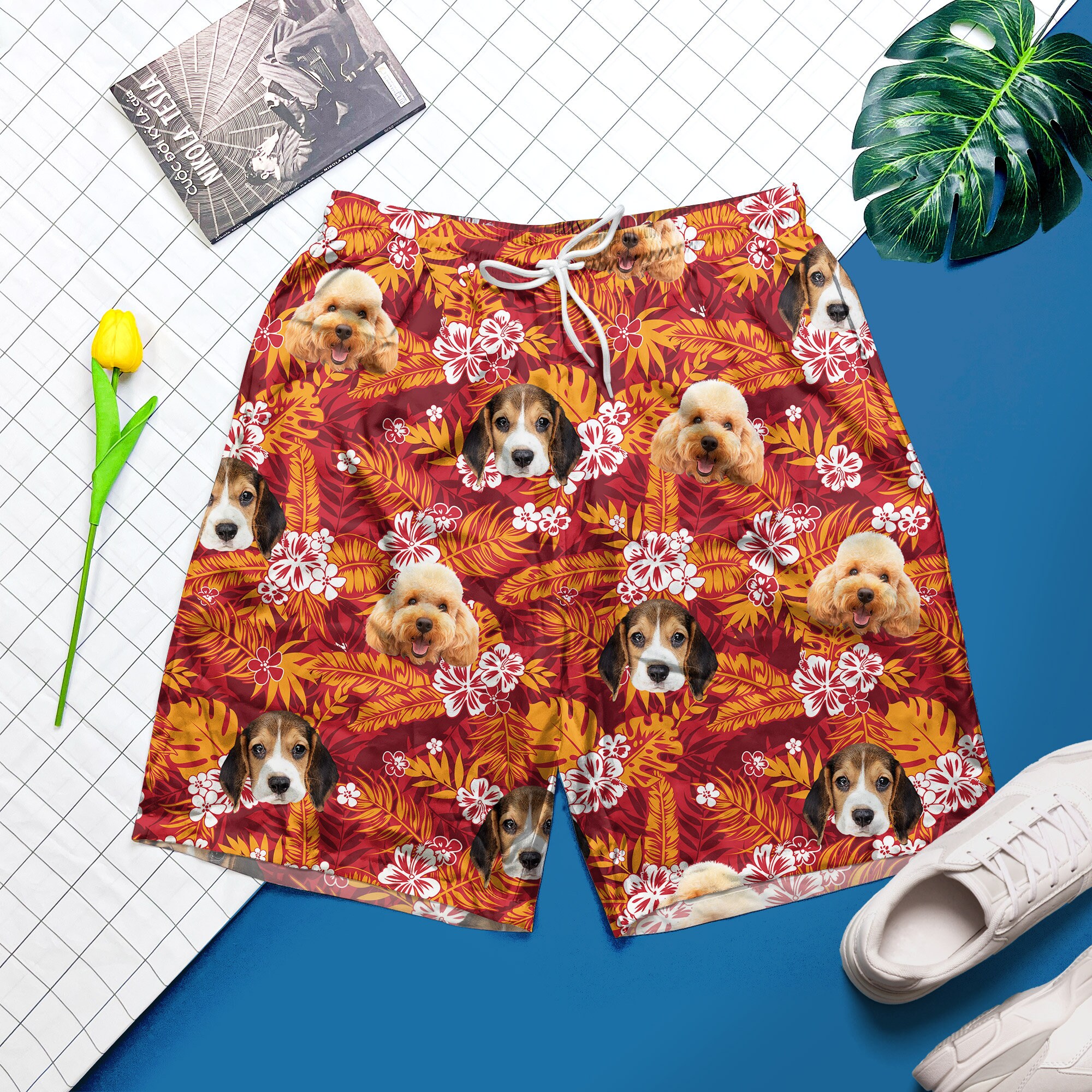 Leaves Face on Swim Shorts, Flower Custom Beach Shorts, Bachelor Party ...