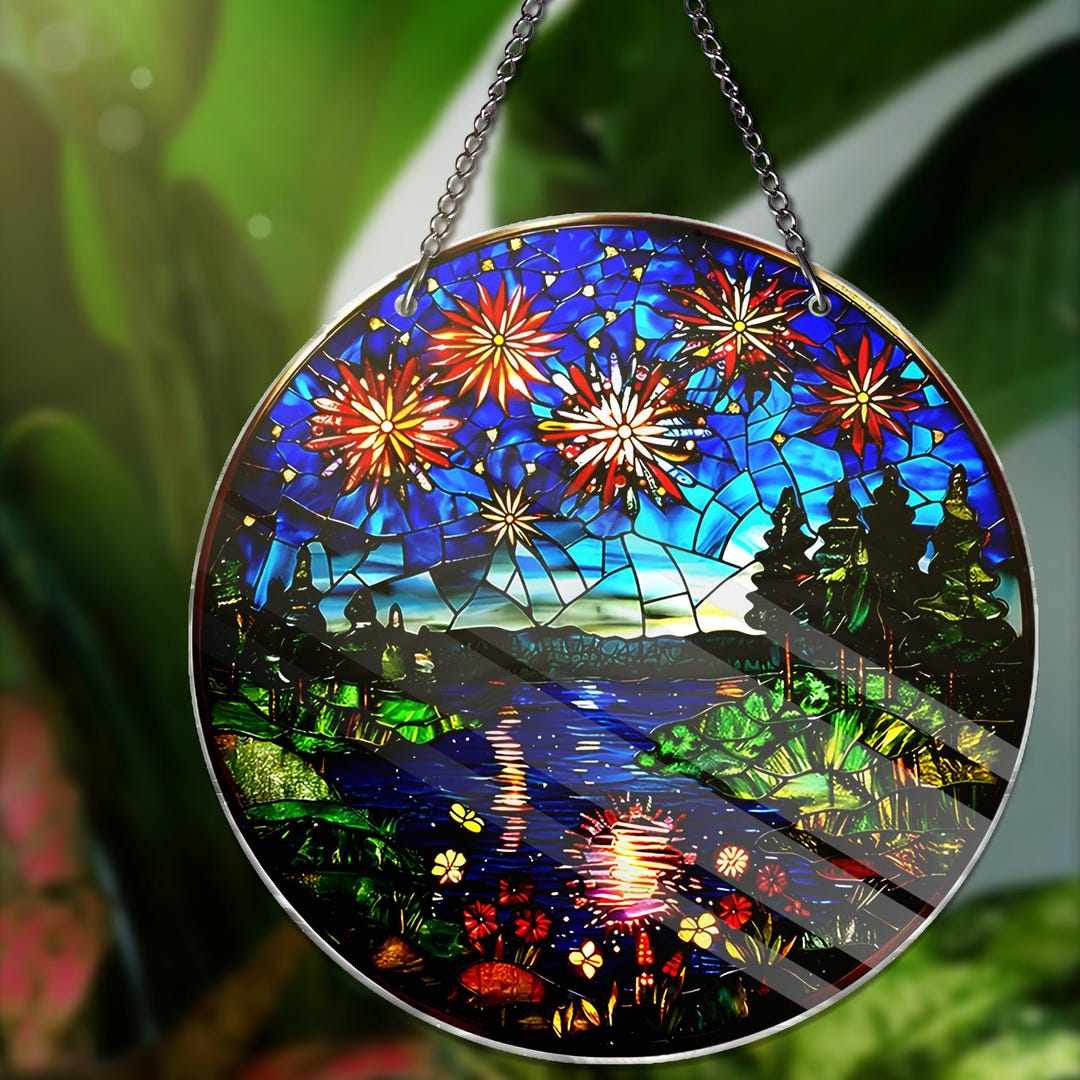 Fireworks Lake Scene Suncatcher – Acrylic Window Hanging – Colorful ...