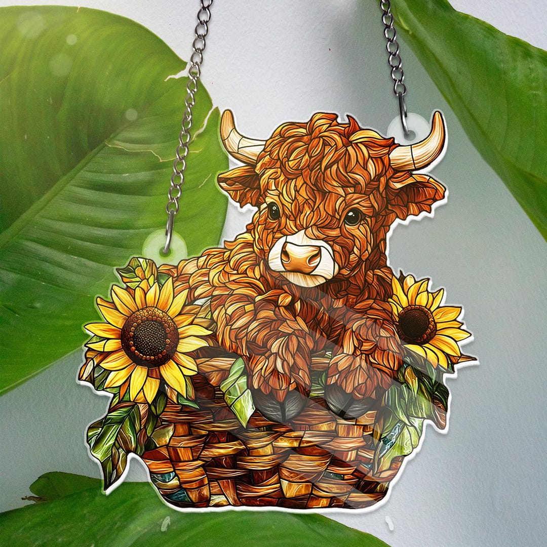 ACRYLIC Highland Cow Sun Catcher Cute Cow Window Hanging With Sunflower ...