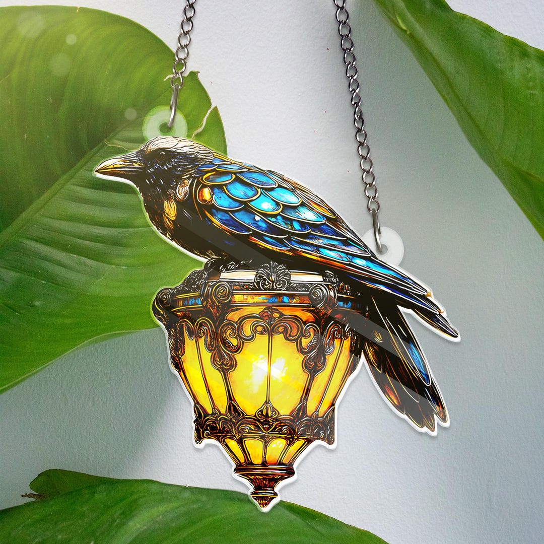 Raven Gothic on Lantern ACRYLIC Window Hanging Decor Suncatcher Faux ...