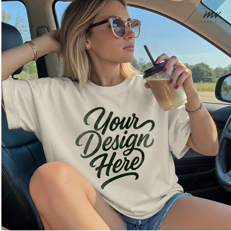 Ivory Comfort Colors C1717 T-shirt Mockup, Car Pose Lifestyle Mockup ...