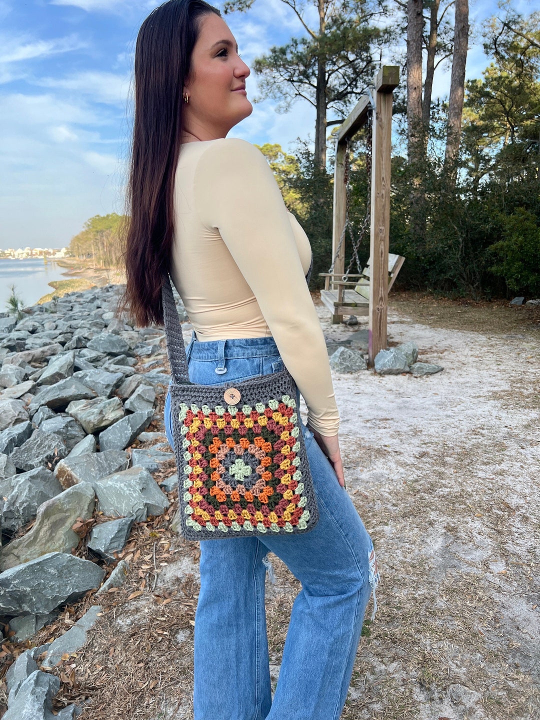 Grey Granny Square Purse Boho Chic Handmade Crochet Purse Unique ...