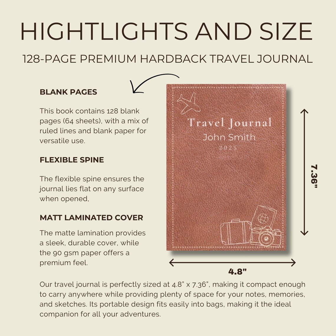 Personalized Travel Journal Faux Leather Look Print Cover With Custom ...