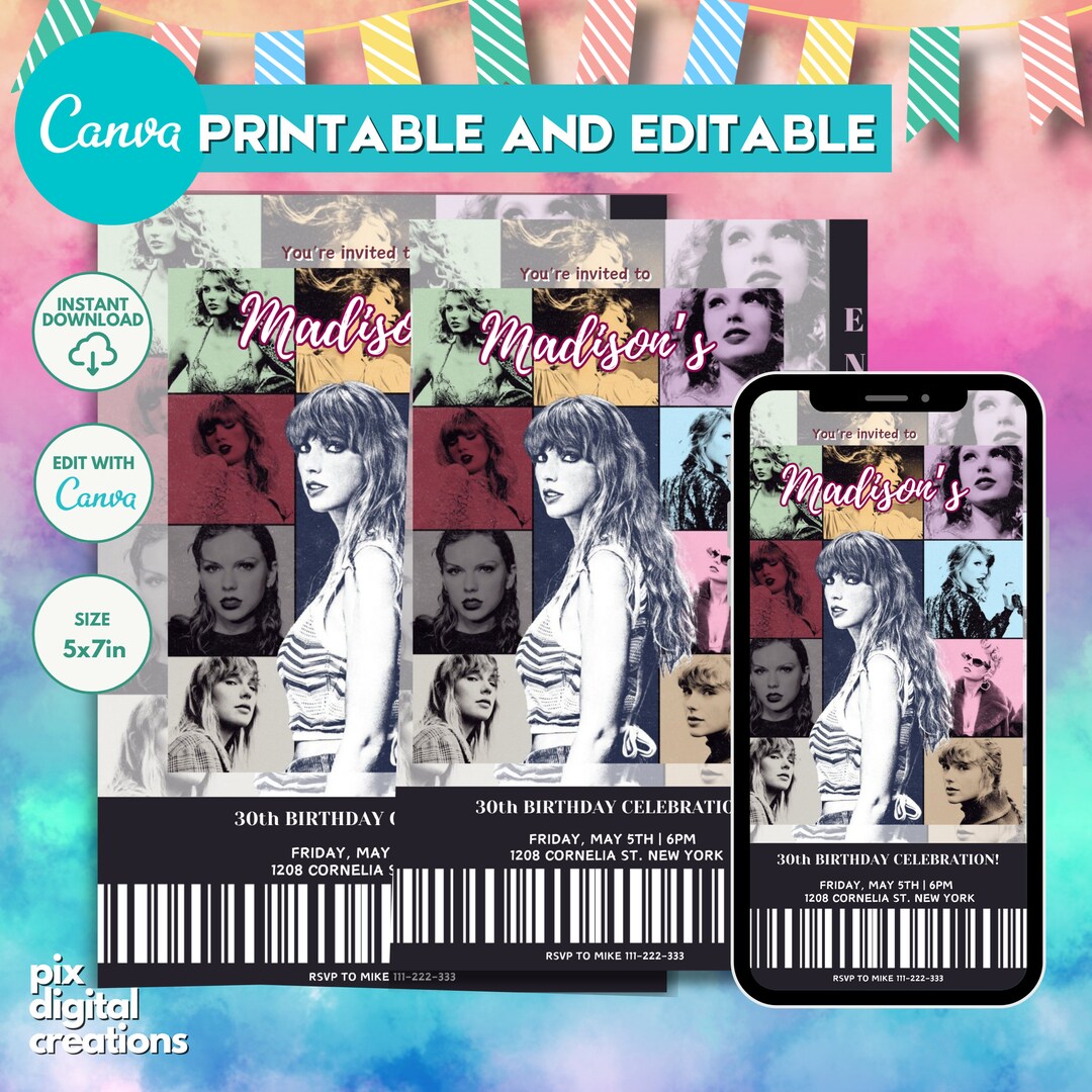 Taylor Swift Birthday Invitation for Birthday Party Themed Taylor Swift ...