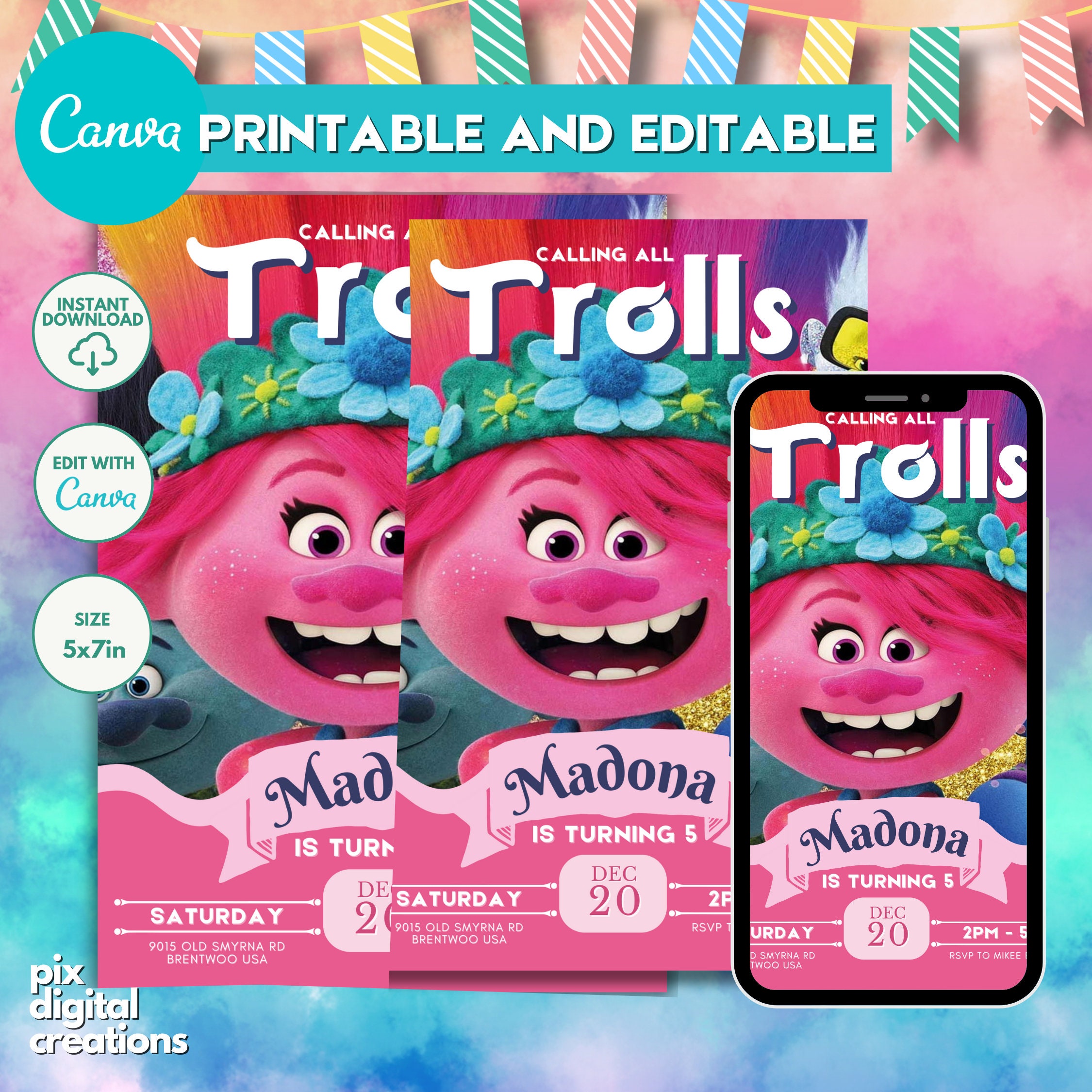 Trolls Band Together Invitation for Birthday Trolls Invitations Themed ...