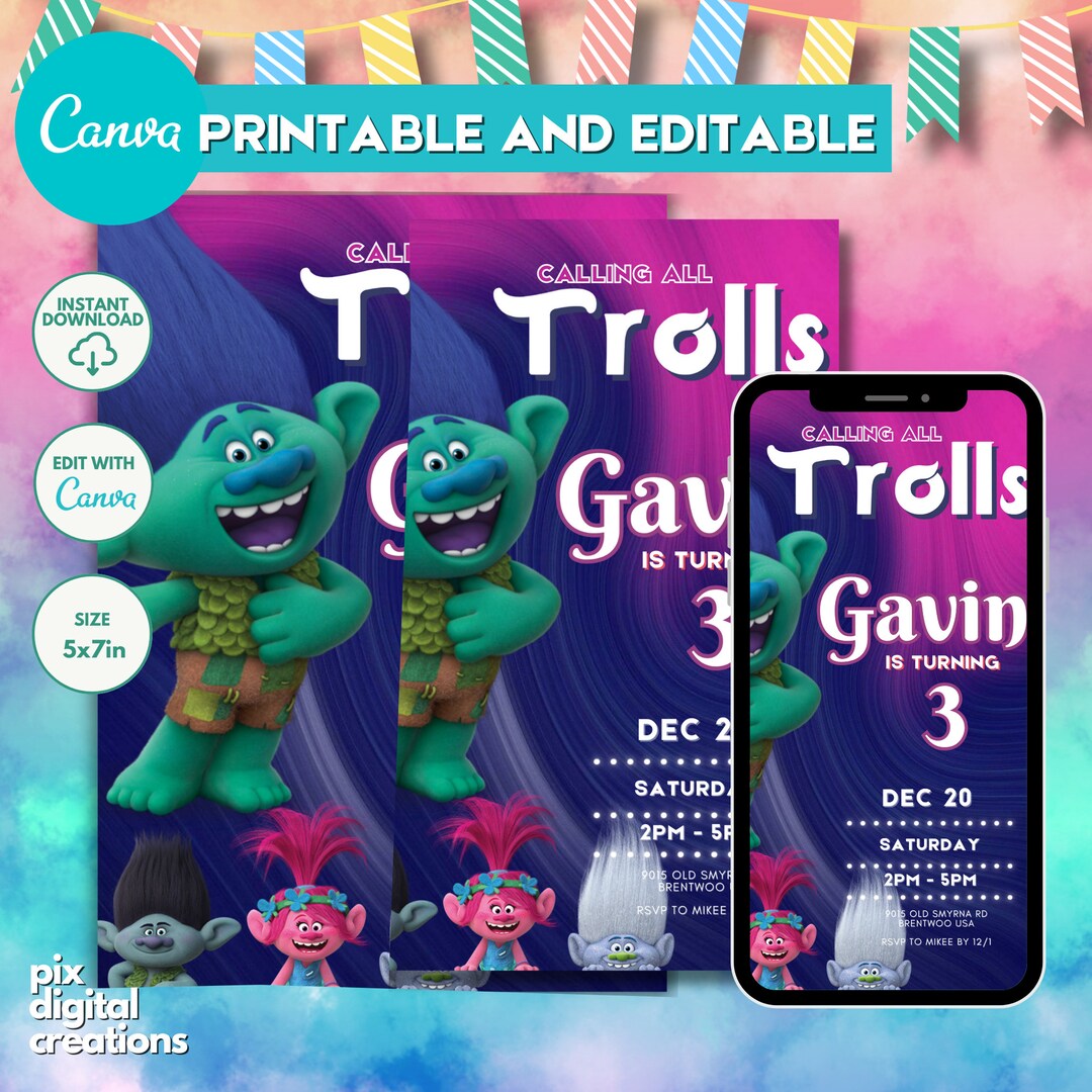 Trolls Band Together Invitation for Birthday Trolls Invitations Themed ...