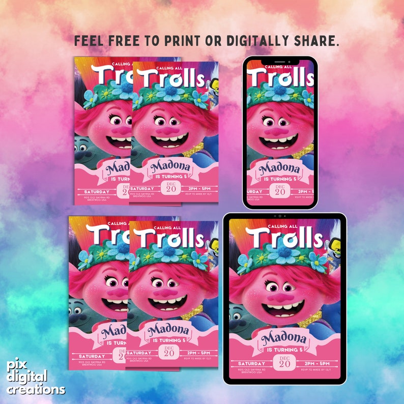 Trolls Band Together Invitation for Birthday Trolls Invitations Themed ...