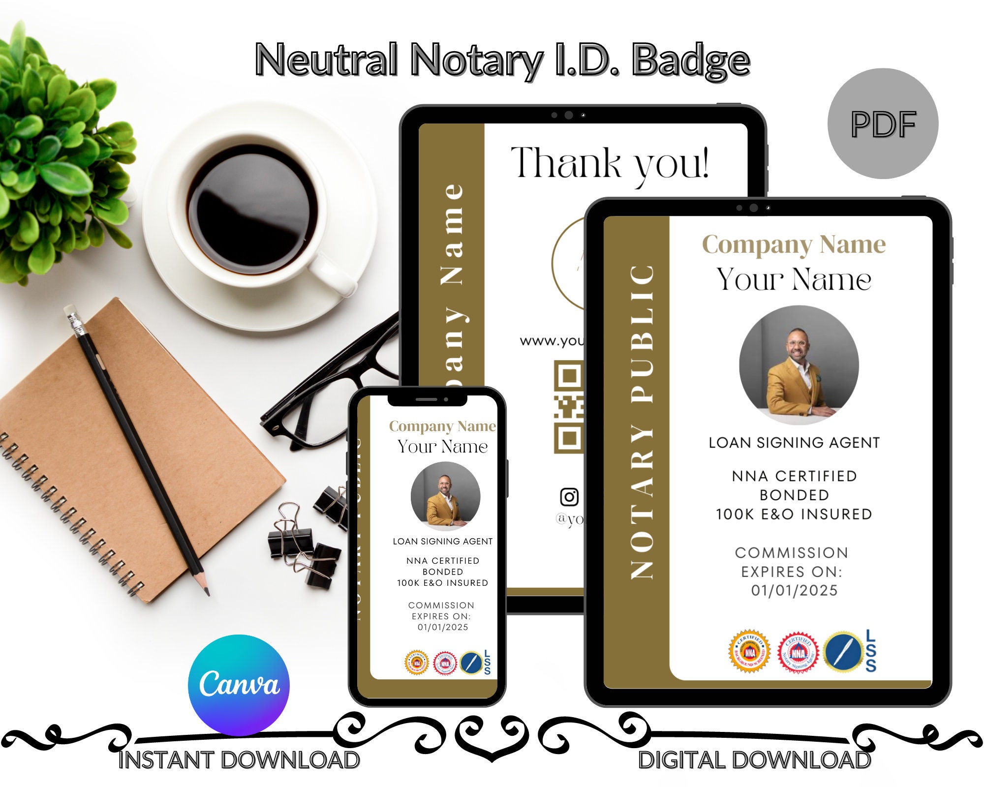 Neutral Notary ID Badge Template | Editable Digital Download for ...