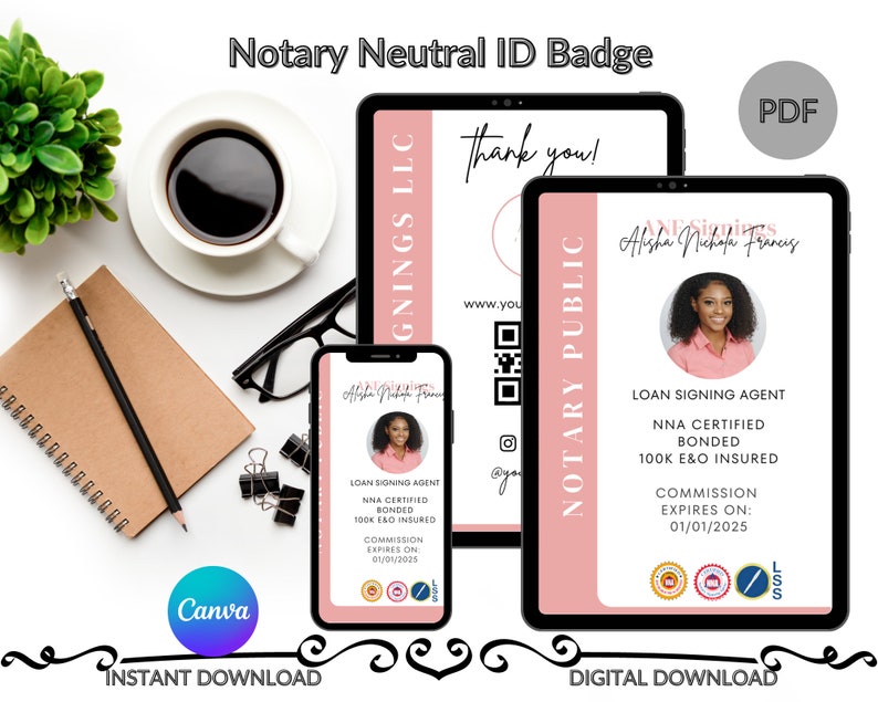 Notary ID Badge Template | Editable Digital Download for Professional ...