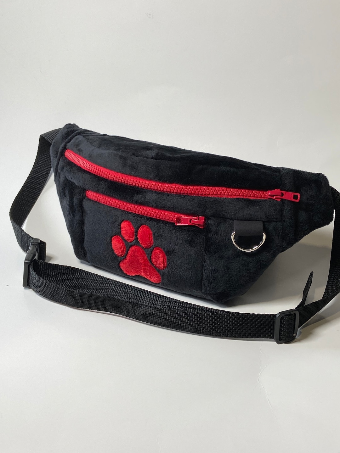 Furry Fanny Pack in Black and Red With Decorative Paw Print - Etsy
