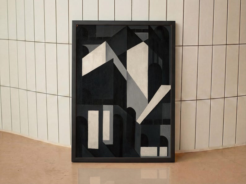 Cubist Abstract Cityscape Print: Bauhaus Geometric Black Gray Wall Art ...