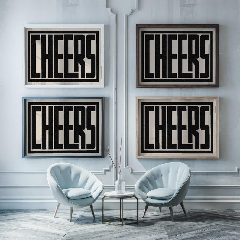 Cheers Typography Print, Modern Black and White Wall Art, Bold ...
