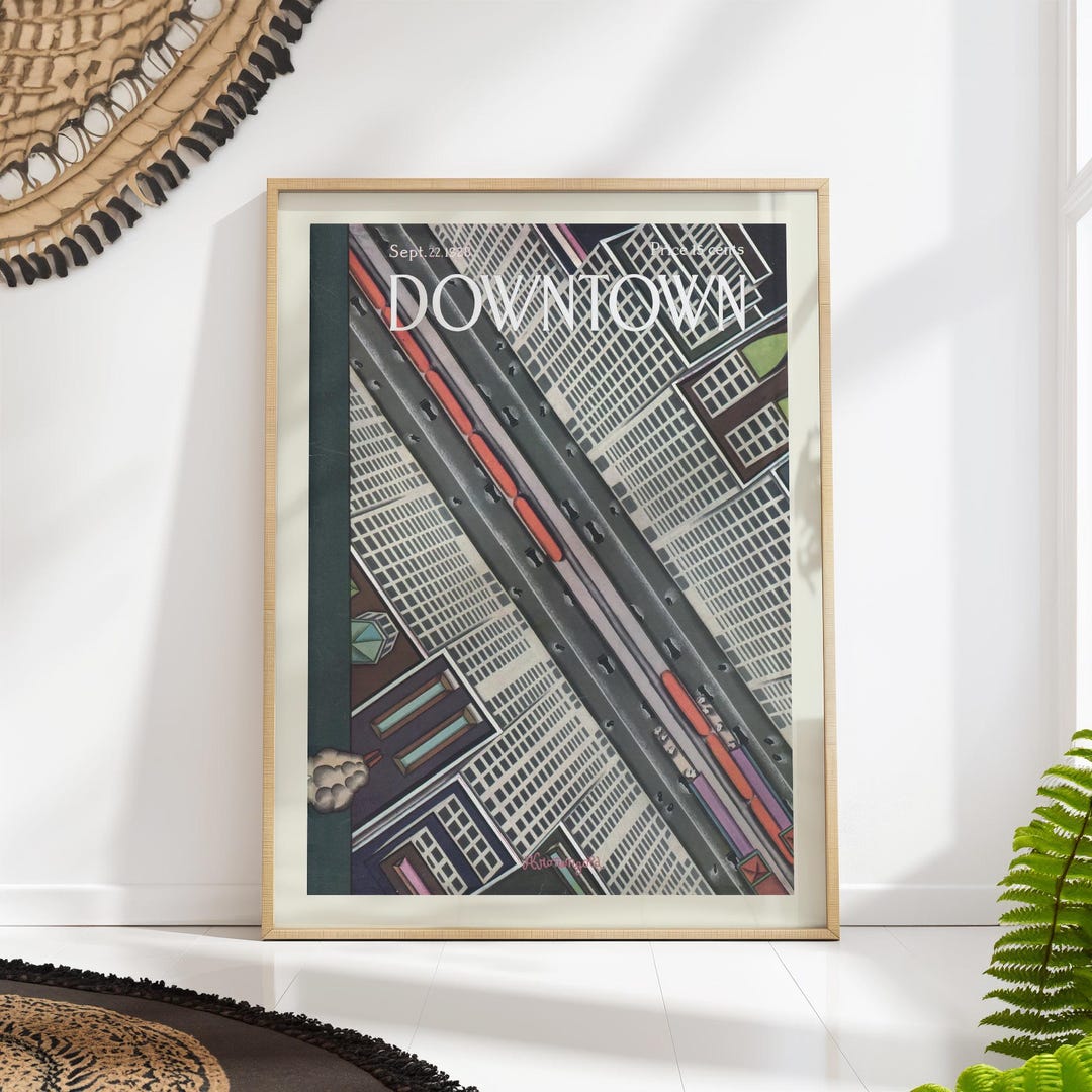 Downtown Urban Office Aerial Poster, Mid Century Magazine Style Wall ...