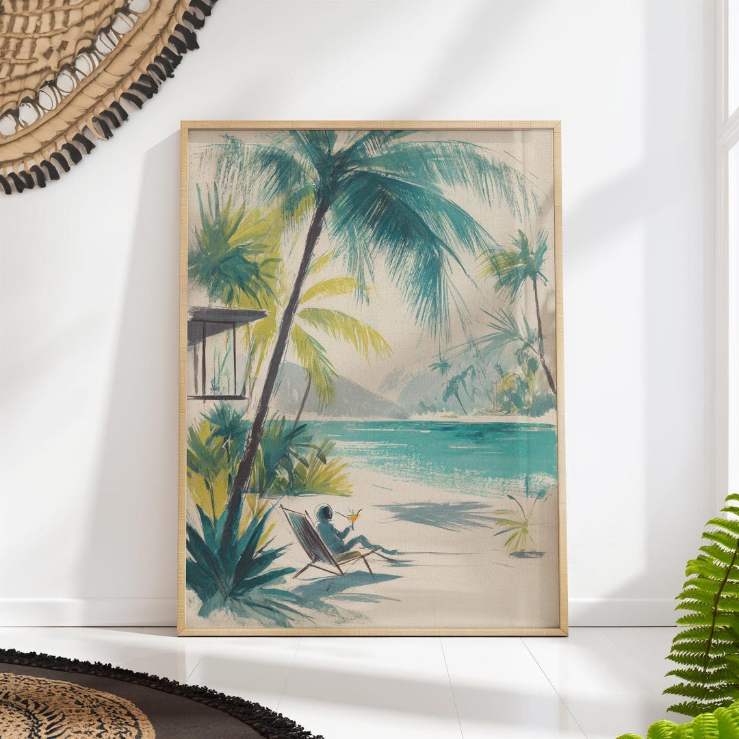 Retro Astronaut Beach Print: Tropical Sci-fi Coastal Art - Etsy