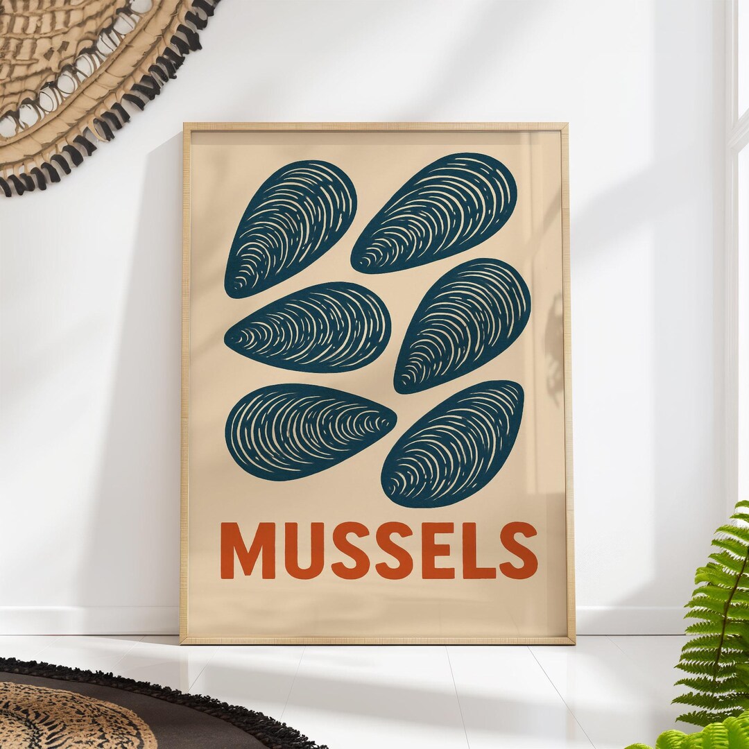 Mussels Linocut Kitchen Poster – Mid-century Seafood Wall Art, Coastal ...