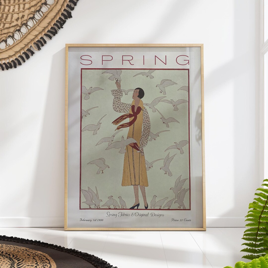 Spring Fashion Poster Magazine Cover, Vintage Woman With Birds Print ...
