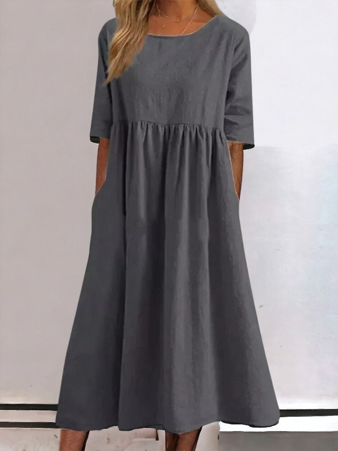 Vintage O-neck Half Sleeve Dress, Cotton Dress, Women's Summer Mid-calf ...