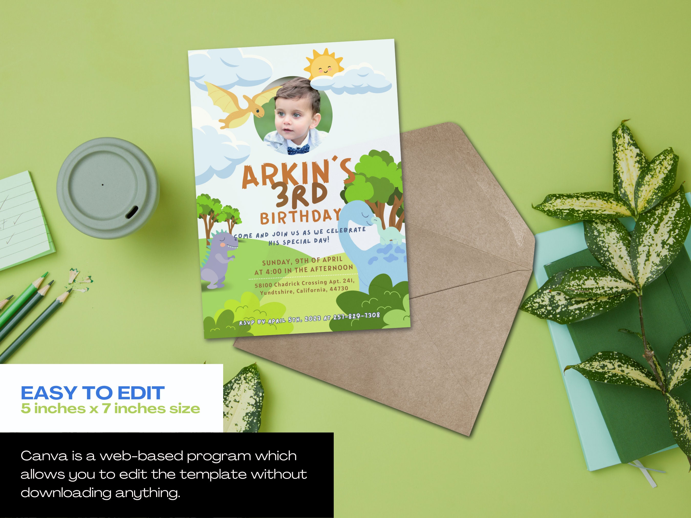 Dinosaur Theme Invitation, Invitation Card, Canva Template, Editable ...