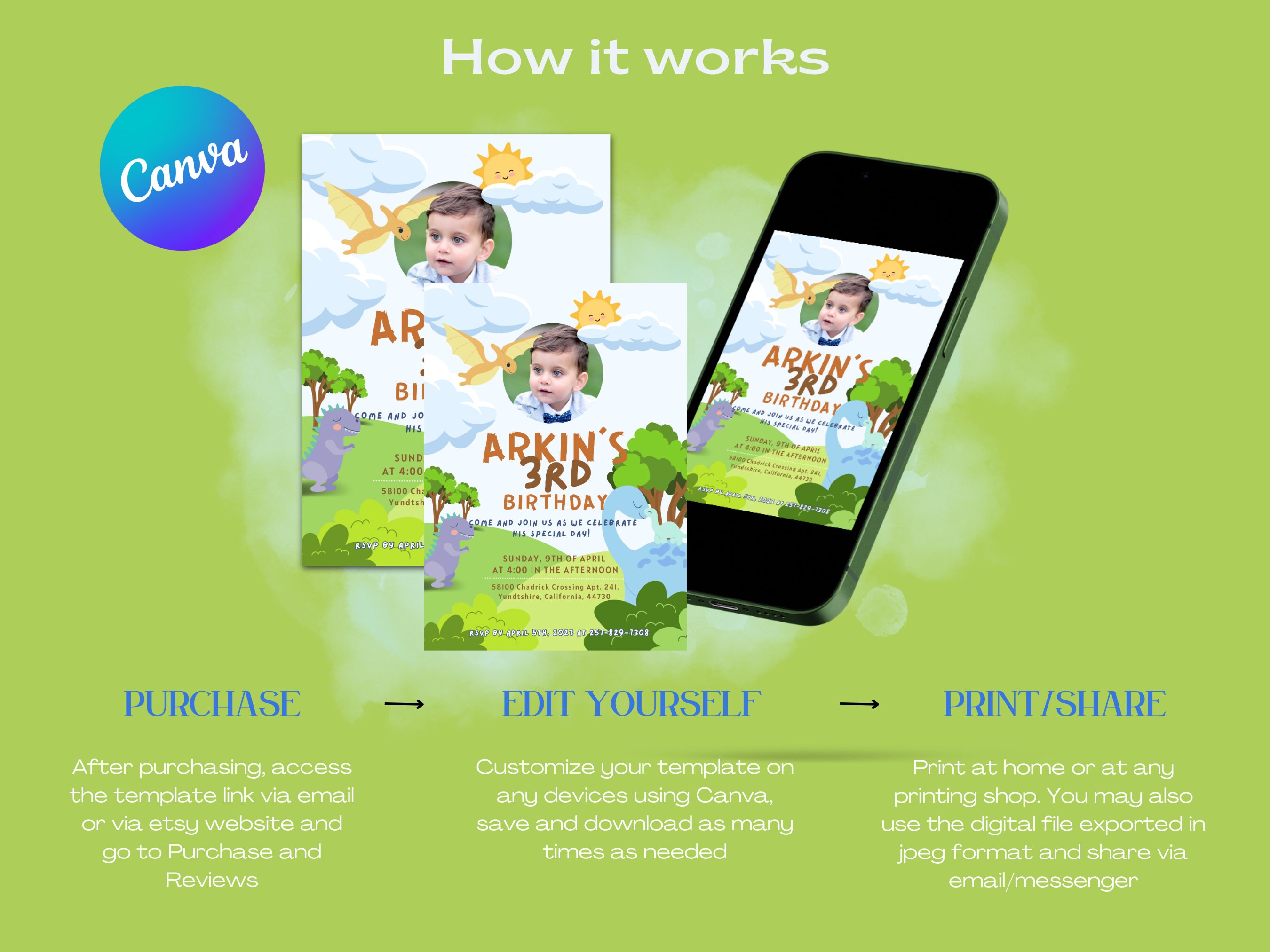 Dinosaur Theme Invitation, Invitation Card, Canva Template, Editable ...