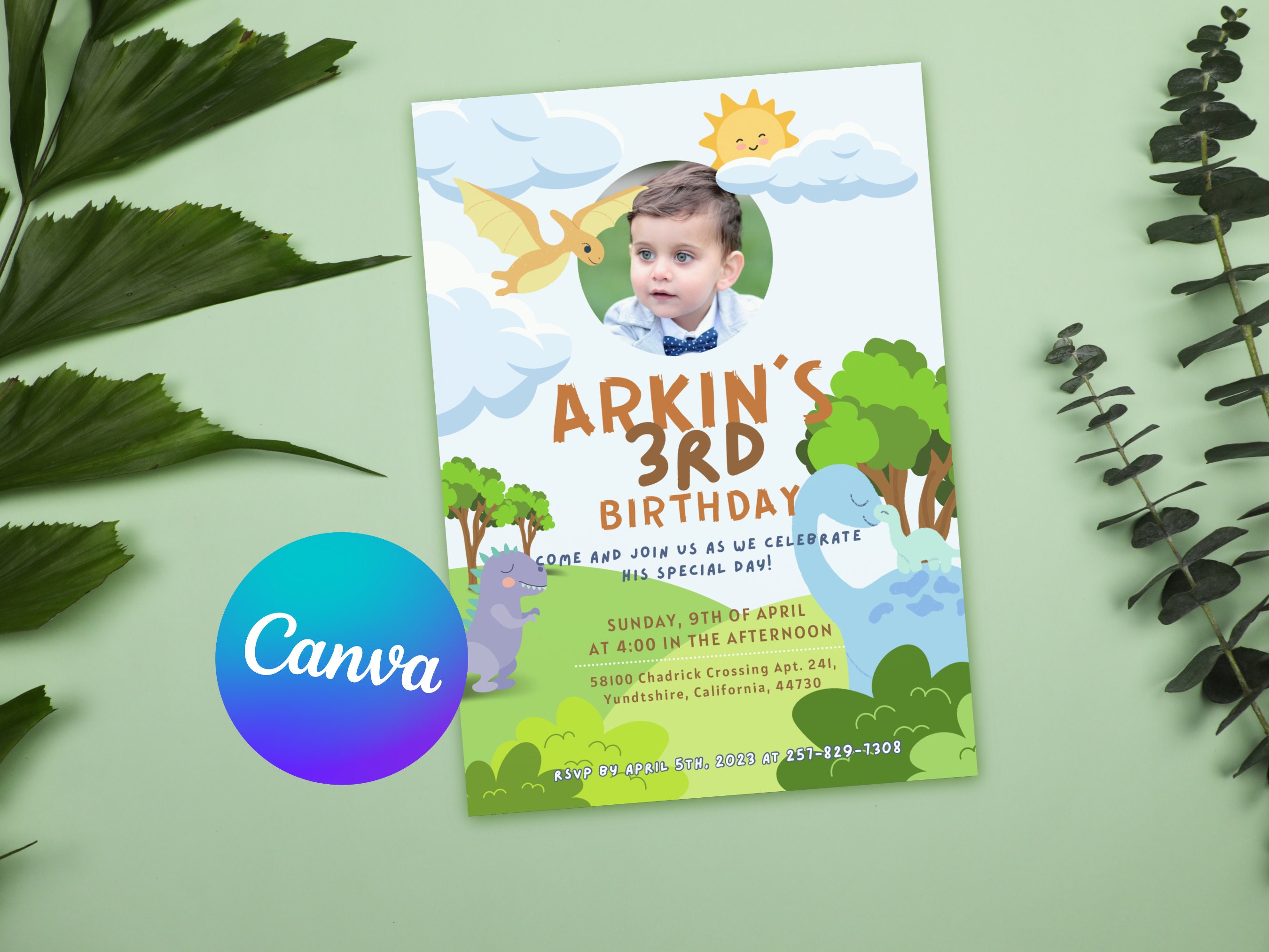 Dinosaur Theme Invitation, Invitation Card, Canva Template, Editable ...