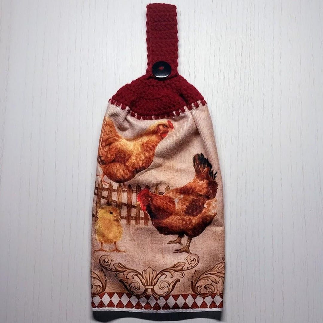 Charming Crochet Top Hanging Half Dish Towel - Farm Style Hens & Chick ...