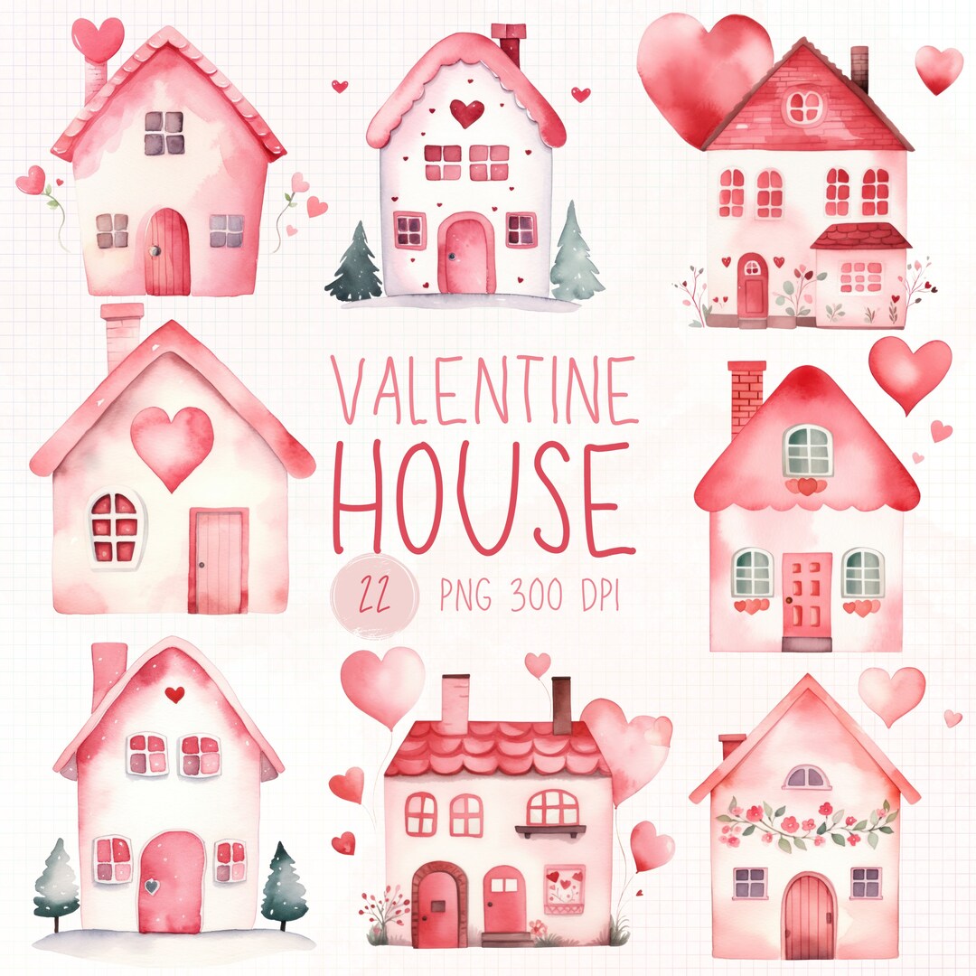Watercolor Valentine House Clipart, Watercolor Valentine Cottage Png ...