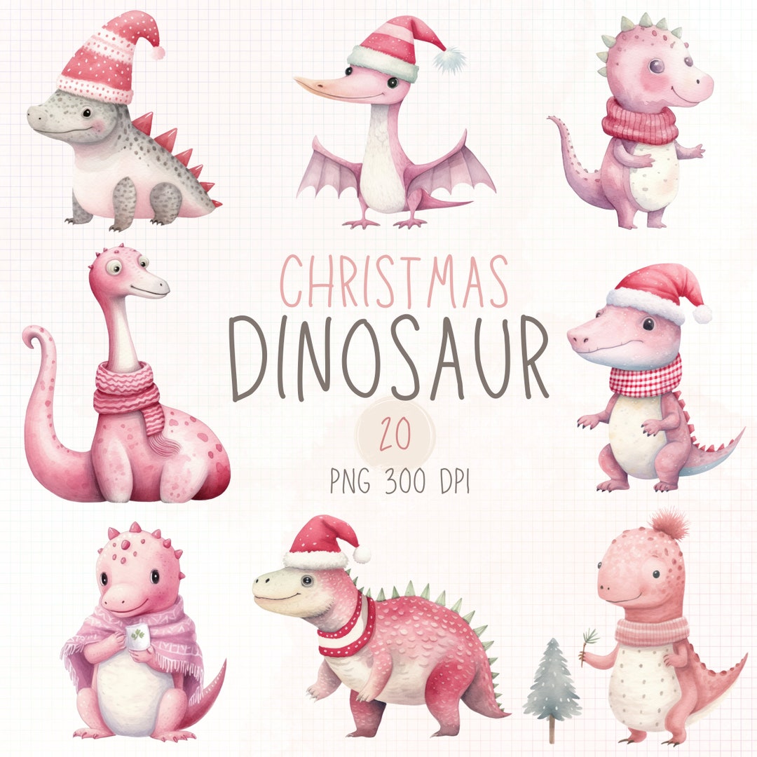Christmas Dinosaurs Clipart, Watercolor Pink Dinosaur PNG, Nursery Art ...