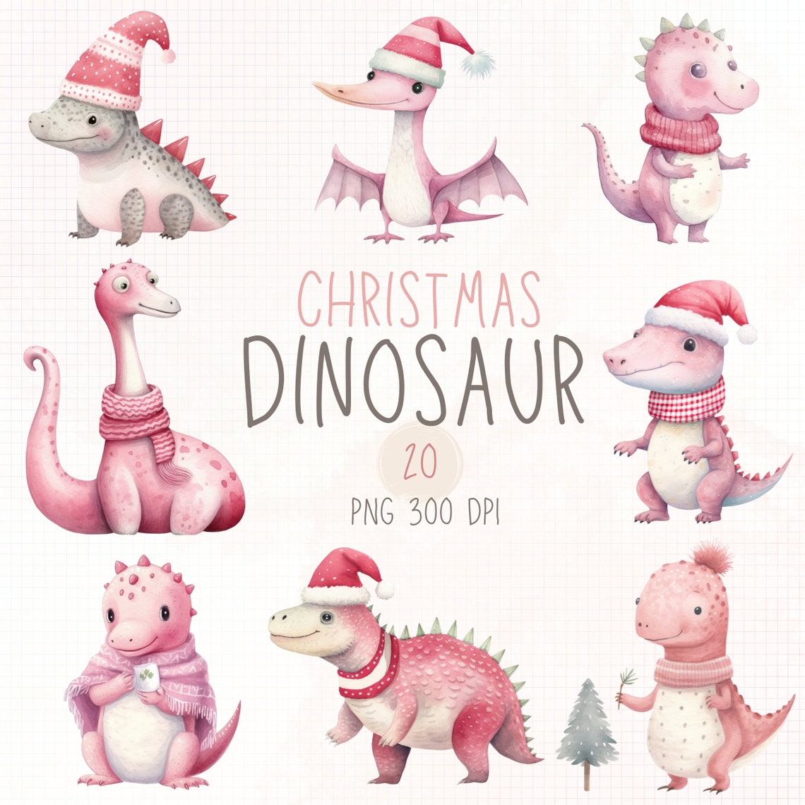 Christmas Dinosaurs Clipart, Watercolor Pink Dinosaur PNG, Nursery Art ...