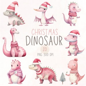 Christmas Dinosaurs Clipart, Watercolor Pink Dinosaur PNG, Nursery Art ...