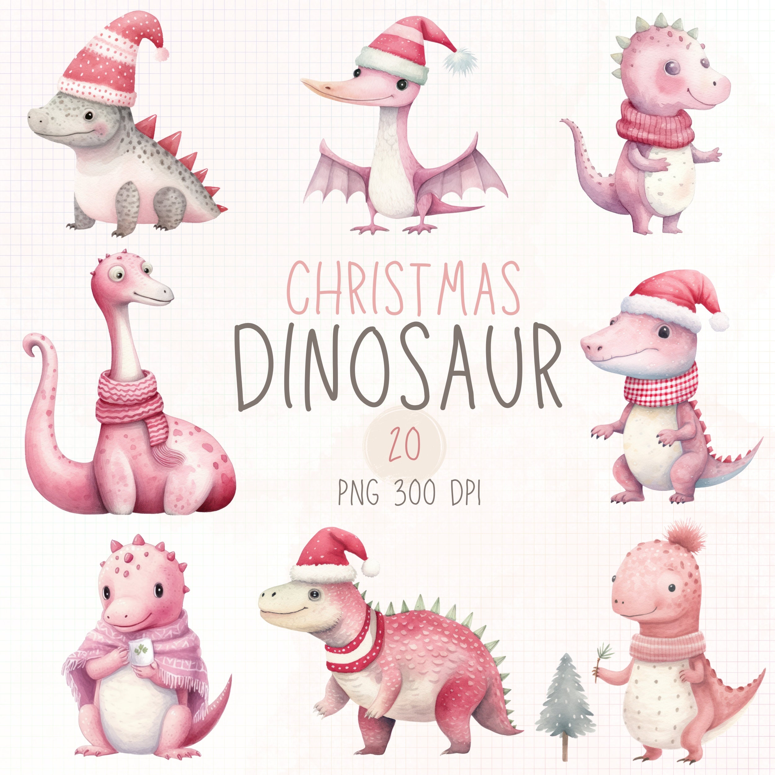 Christmas Dinosaurs Clipart, Watercolor Pink Dinosaur PNG, Nursery Art ...