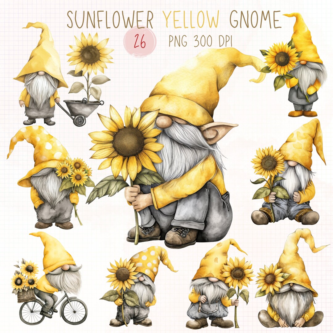 Sunflower Gnome Clipart, Garden Gnome Cute Watercolor Clipart, Spring ...