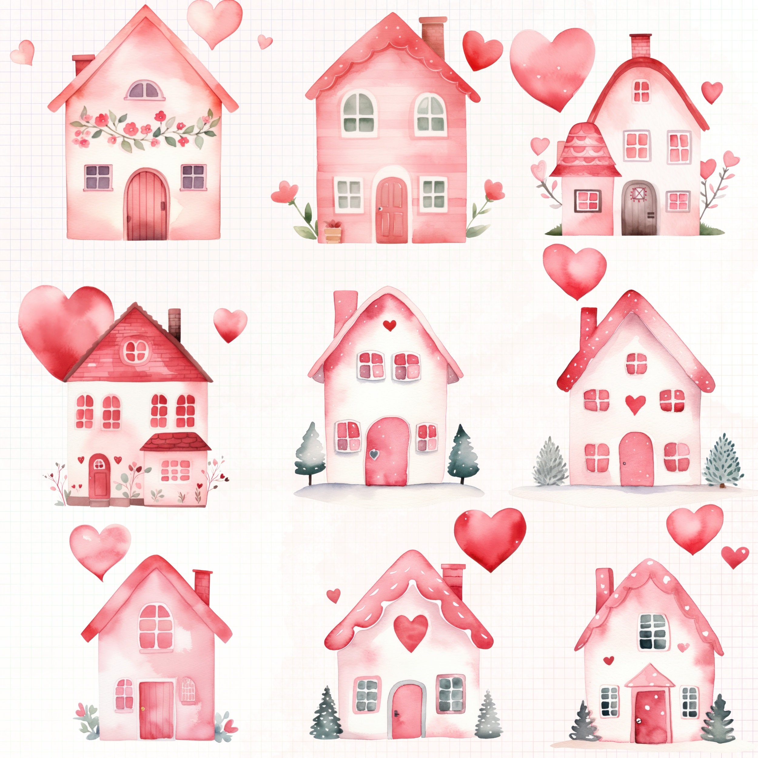 Watercolor Valentine House Clipart, Watercolor Valentine Cottage Png ...