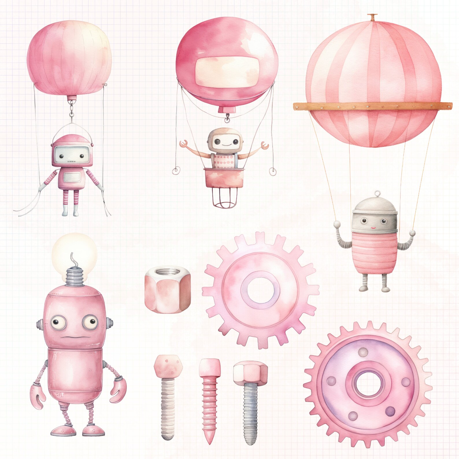 Pink Robot Watercolor Clipart, Cute Robots Bundle PNG, Mechanic ...