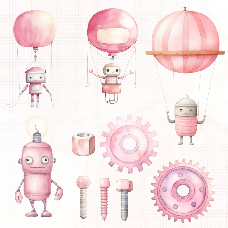 Pink Robot Watercolor Clipart, Cute Robots Bundle PNG, Mechanic ...