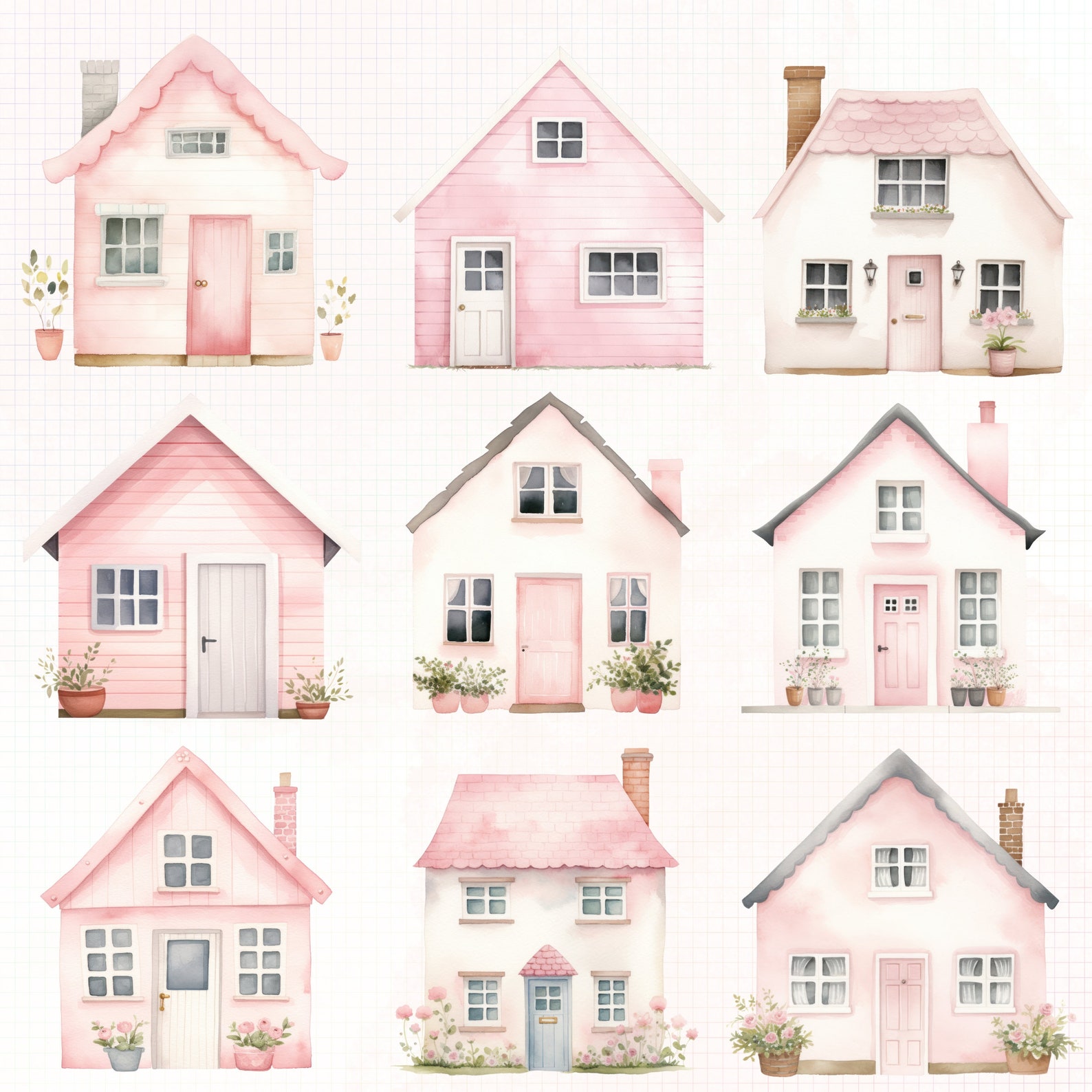 Watercolor Cottage Clipart, Pink Tiny House Png, Cottage Houses Png ...