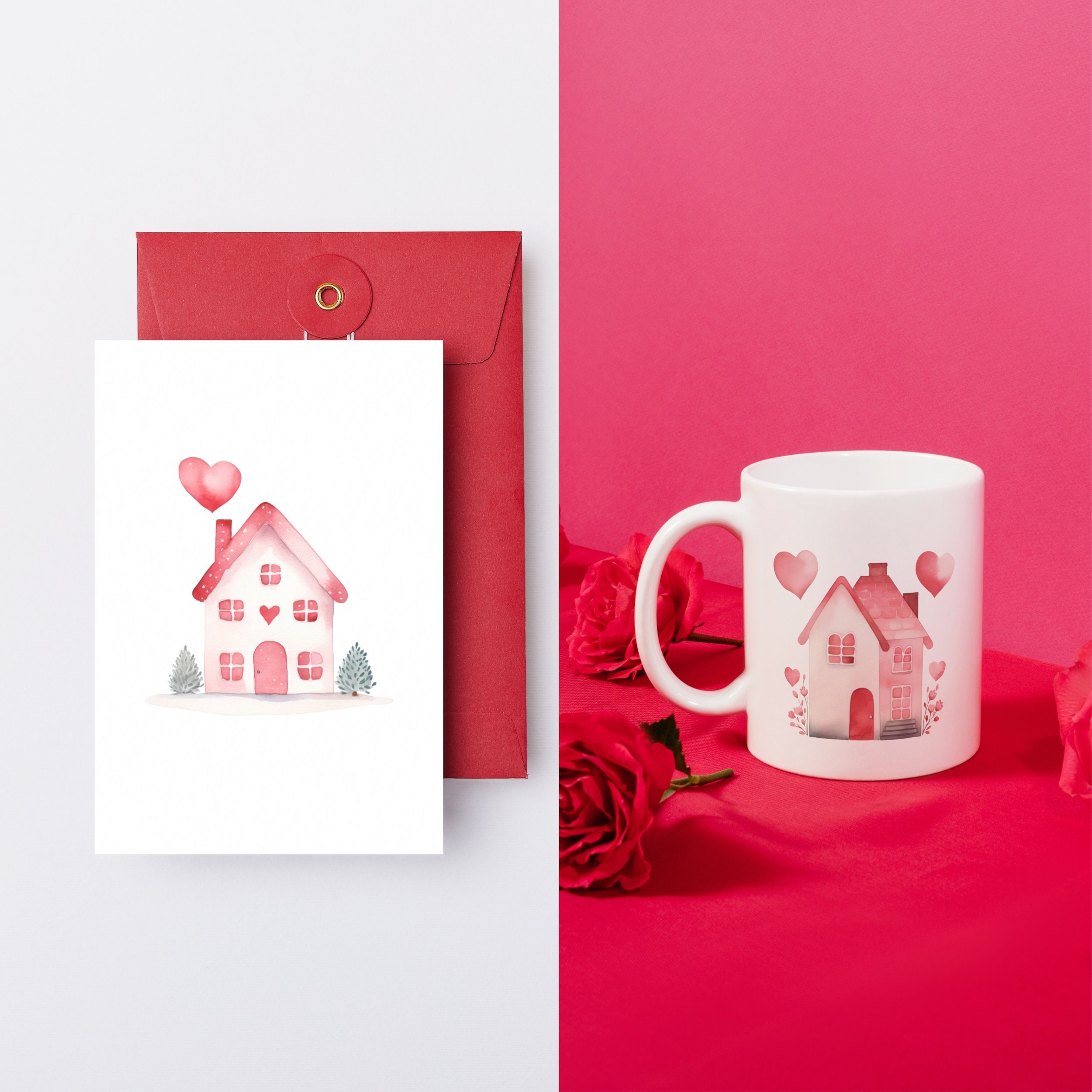 Watercolor Valentine House Clipart, Watercolor Valentine Cottage Png ...