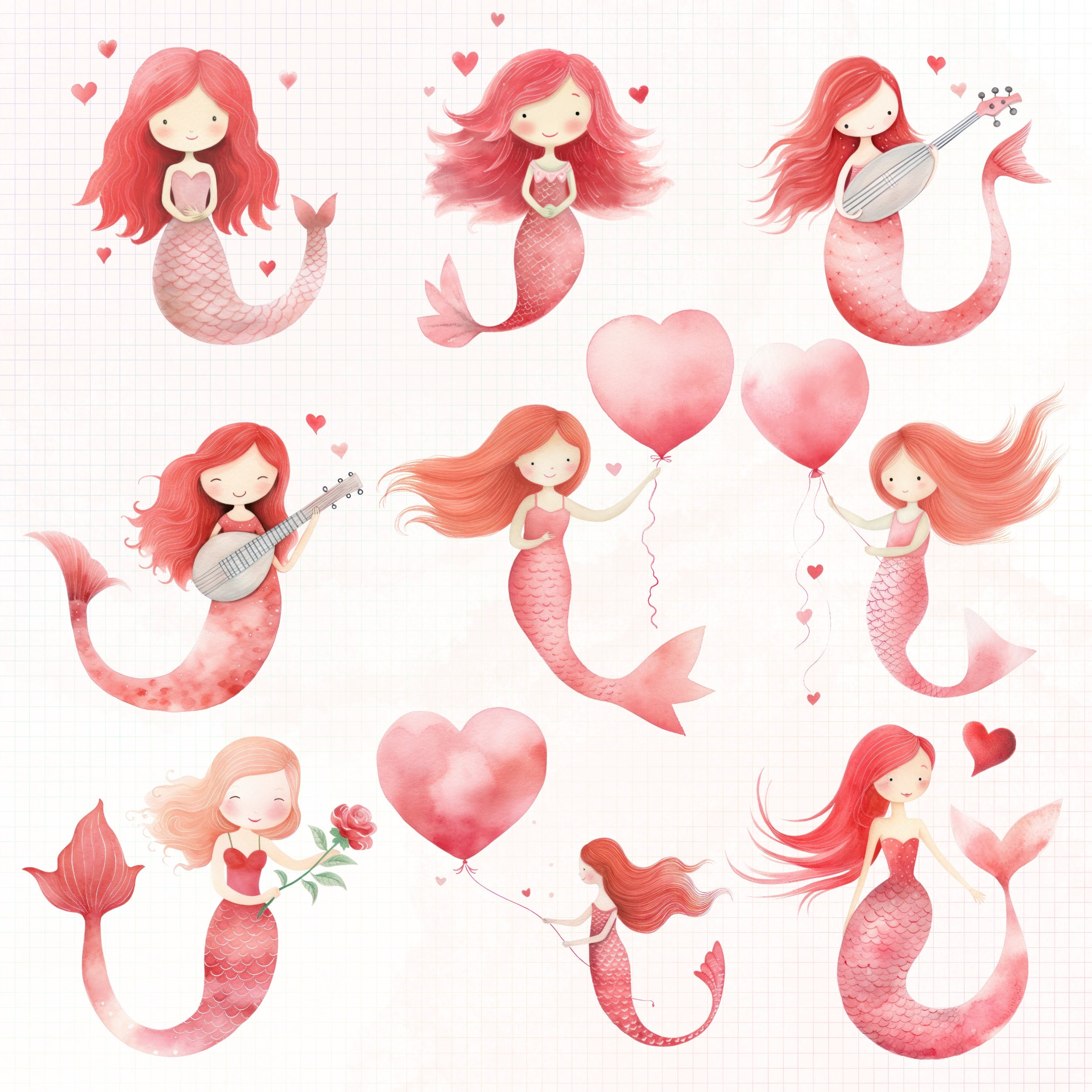 Valentine Mermaid Clipart, Watercolor Mermaid Clipart, Valentine Png ...