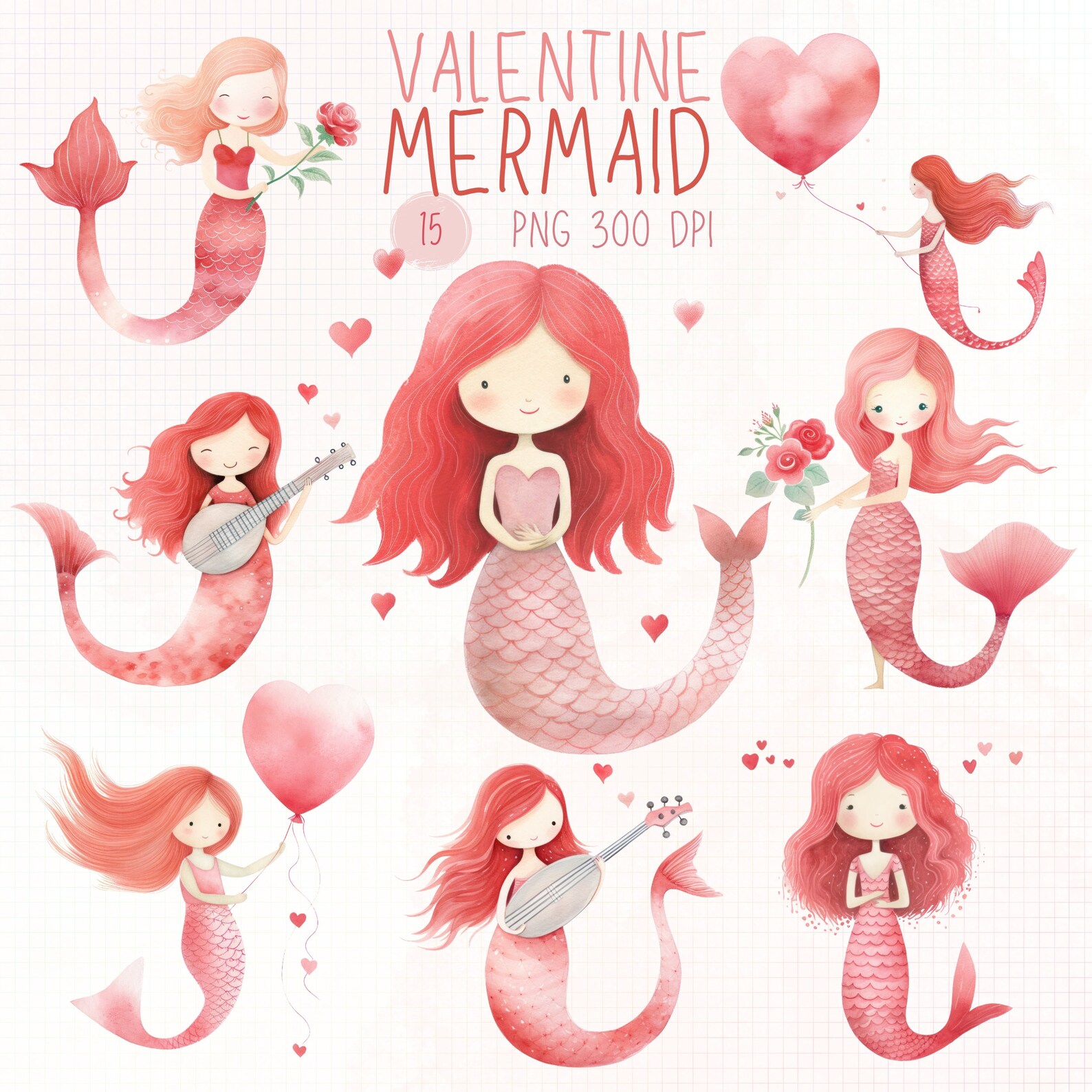 Valentine Mermaid Clipart, Watercolor Mermaid Clipart, Valentine Png ...