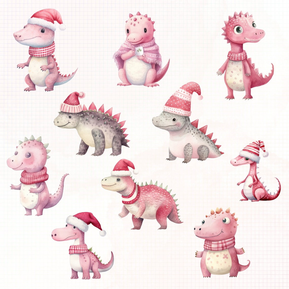 Christmas Dinosaurs Clipart, Watercolor Pink Dinosaur PNG, Nursery Art ...